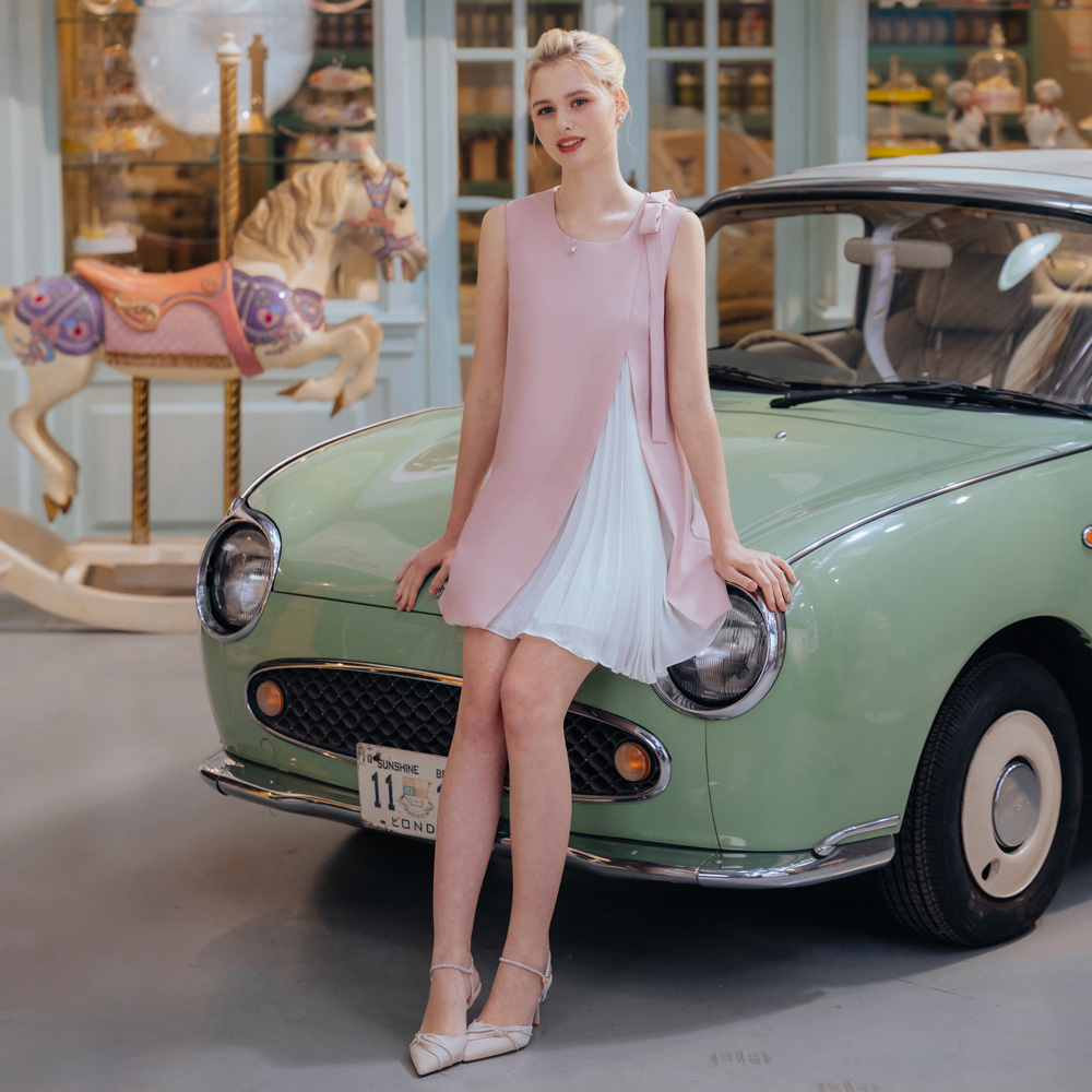 撞色百褶粉色短洋裝Y28-Y059|-O'MUSES 輕奢禮服洋裝 女裝品牌官方購物網歐繆思輕奢女裝品牌-商品區